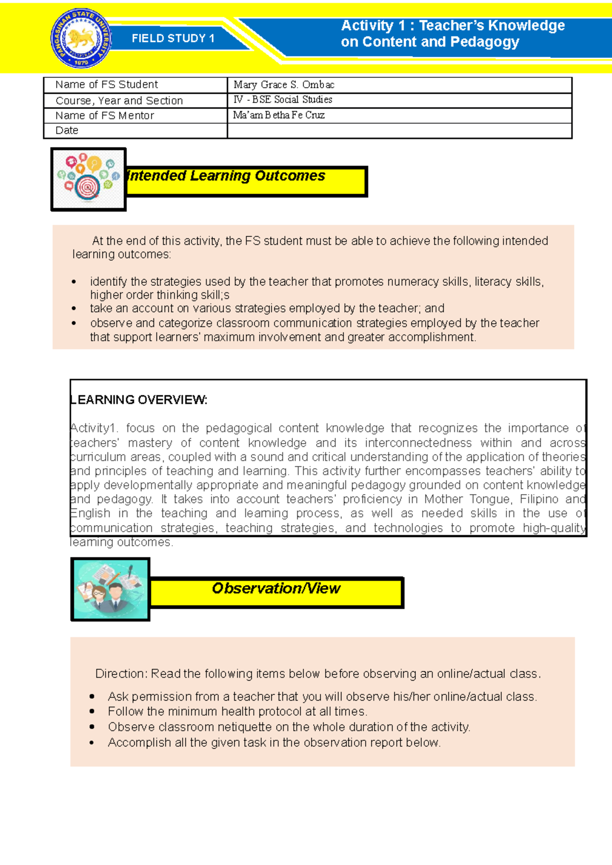 B FS1 Activity 1: Understanding Teaching Strategies & Learning ...