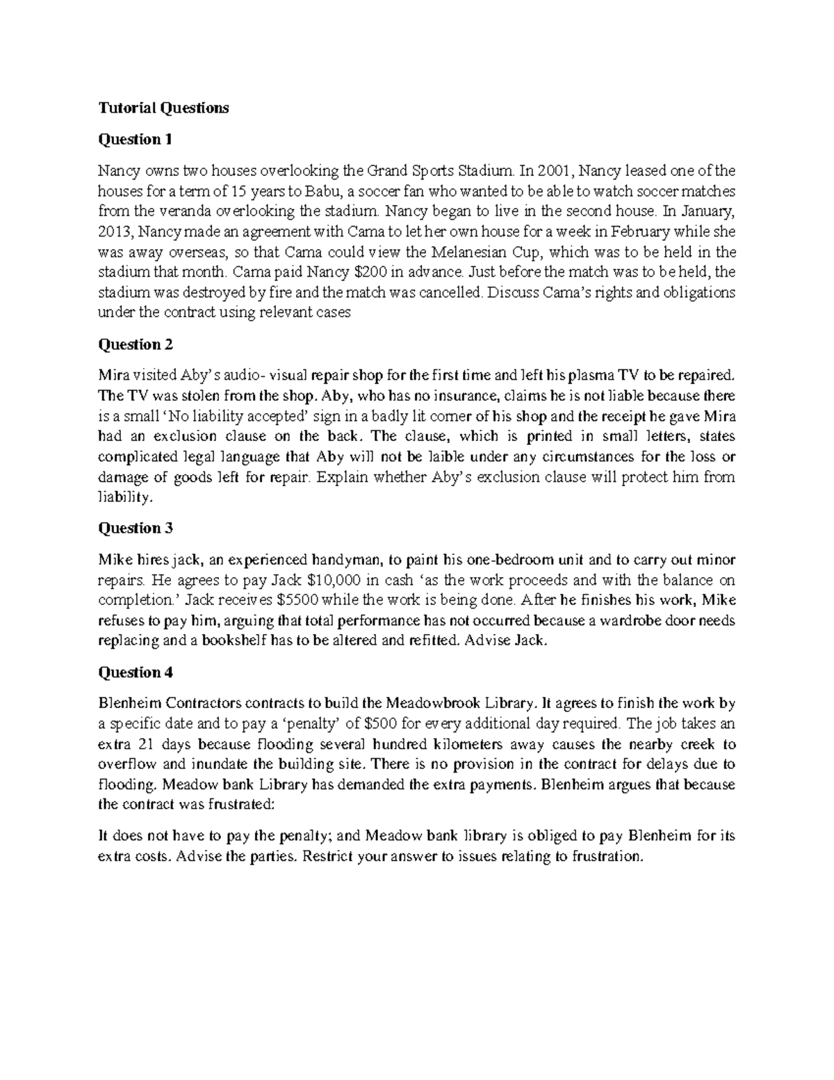 Tutorial Questions - Contract Law Issues & Exclusion Clauses Analysis ...