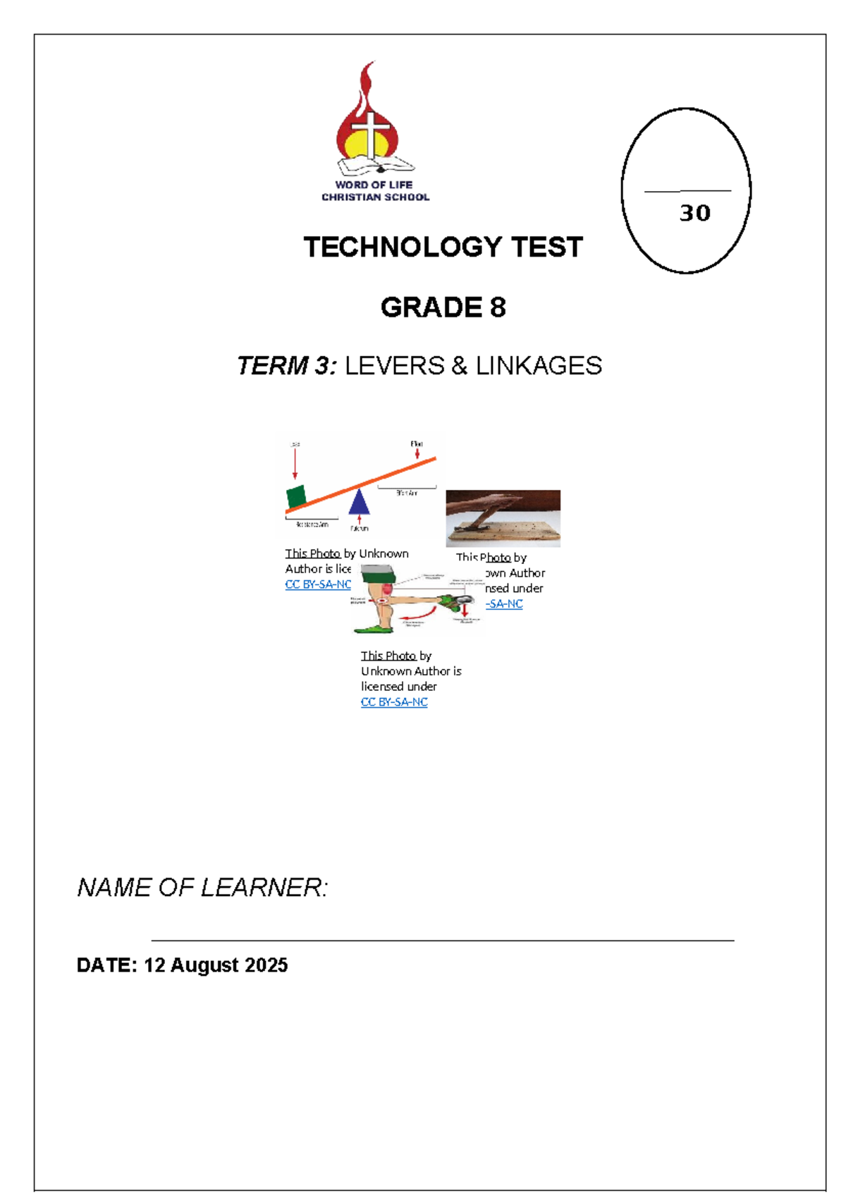 Grade 8 Term 3 Technology Test: Levers & Linkages - Studocu