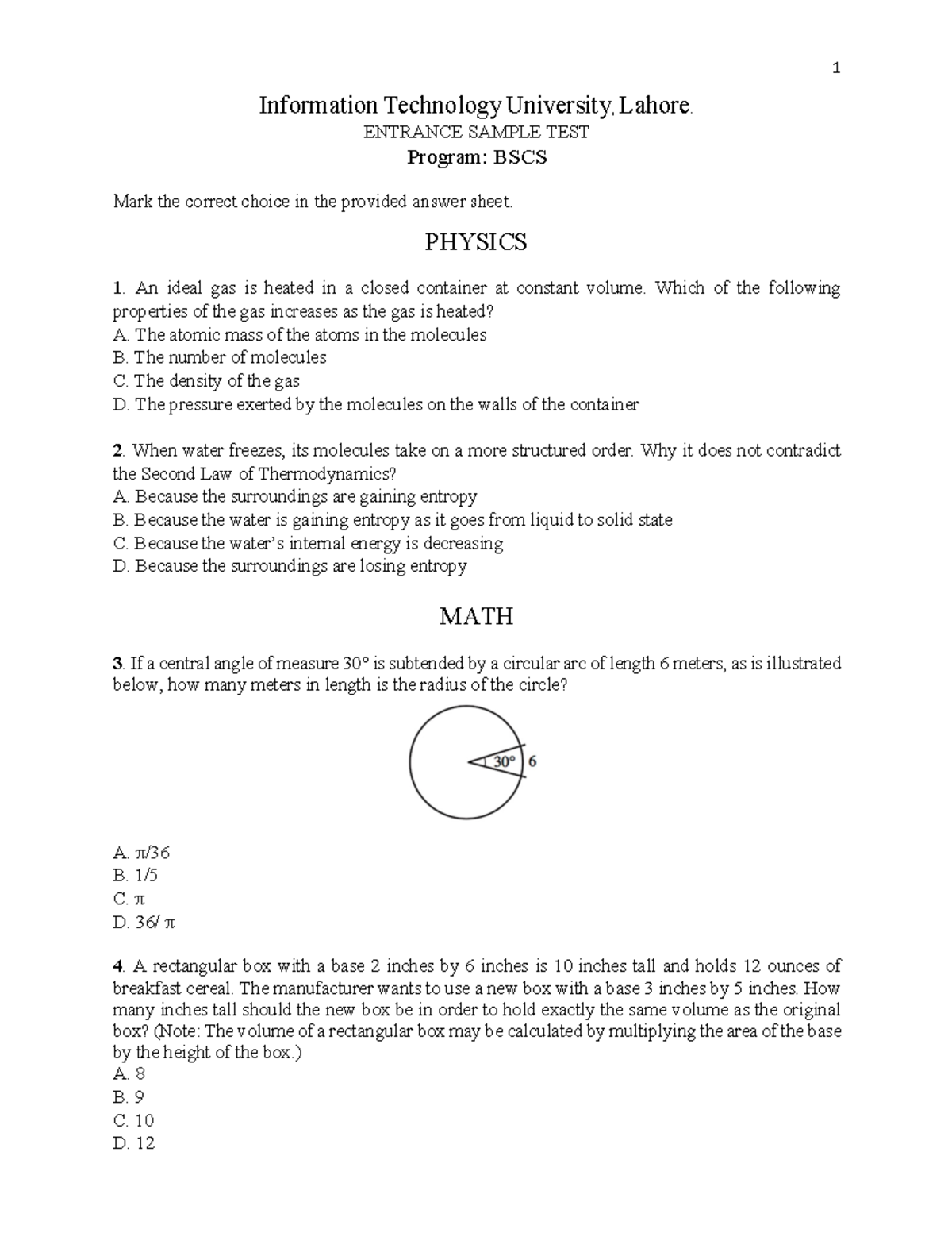 BSCS Entrance Sample Test Paper: Physics and Math Questions - Studocu