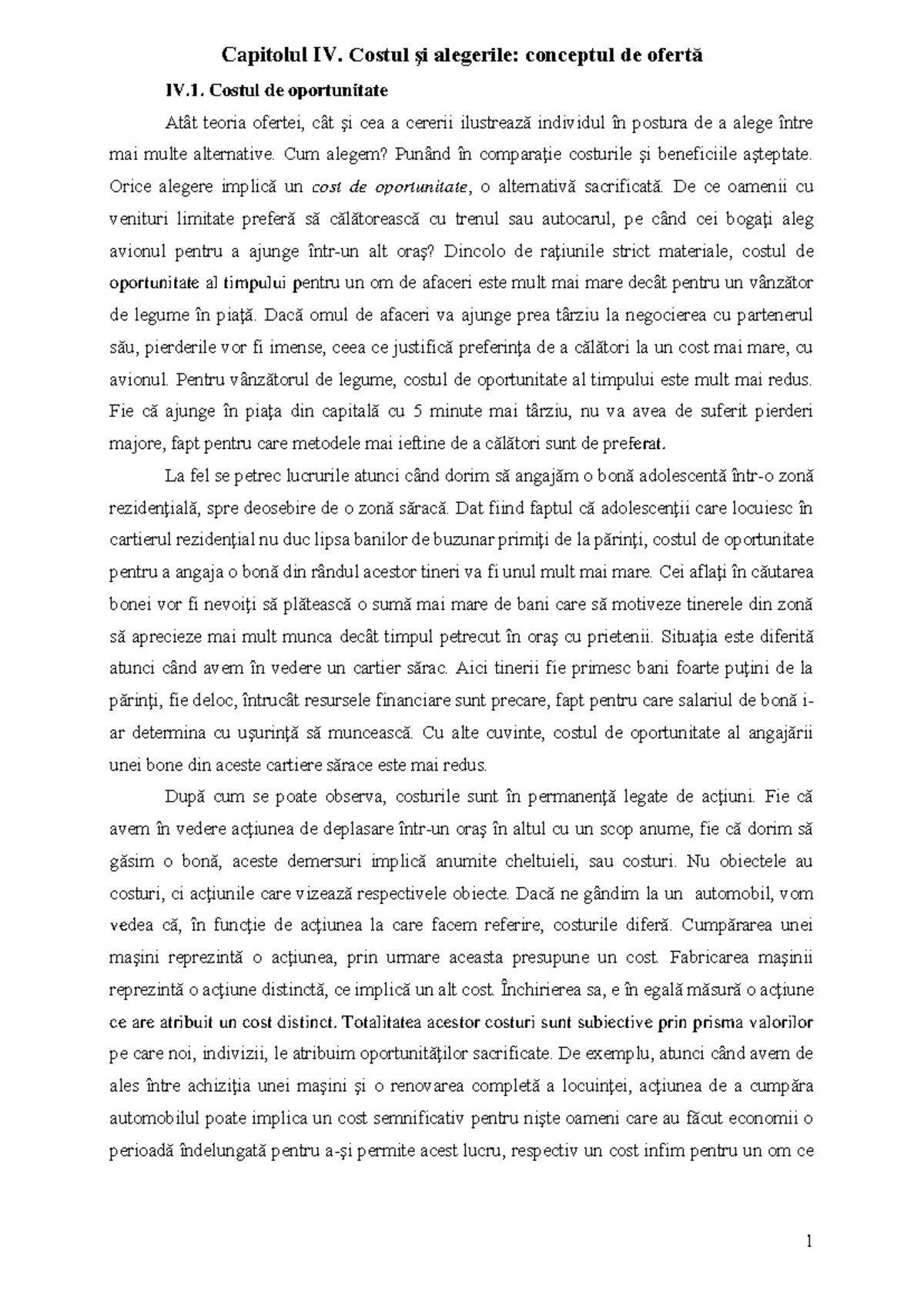 EAI Microeconomie Capitolul 4 rezumat - Capitolul IV. Costul şi alegerile: conceptul de ofertă ...