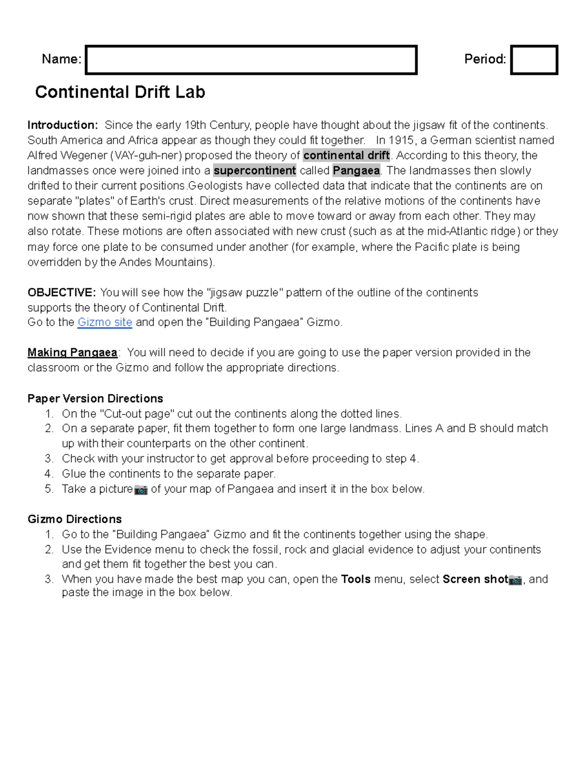 Anthony Taylor - Continental Drift Lab - Name: Period: Continental ...
