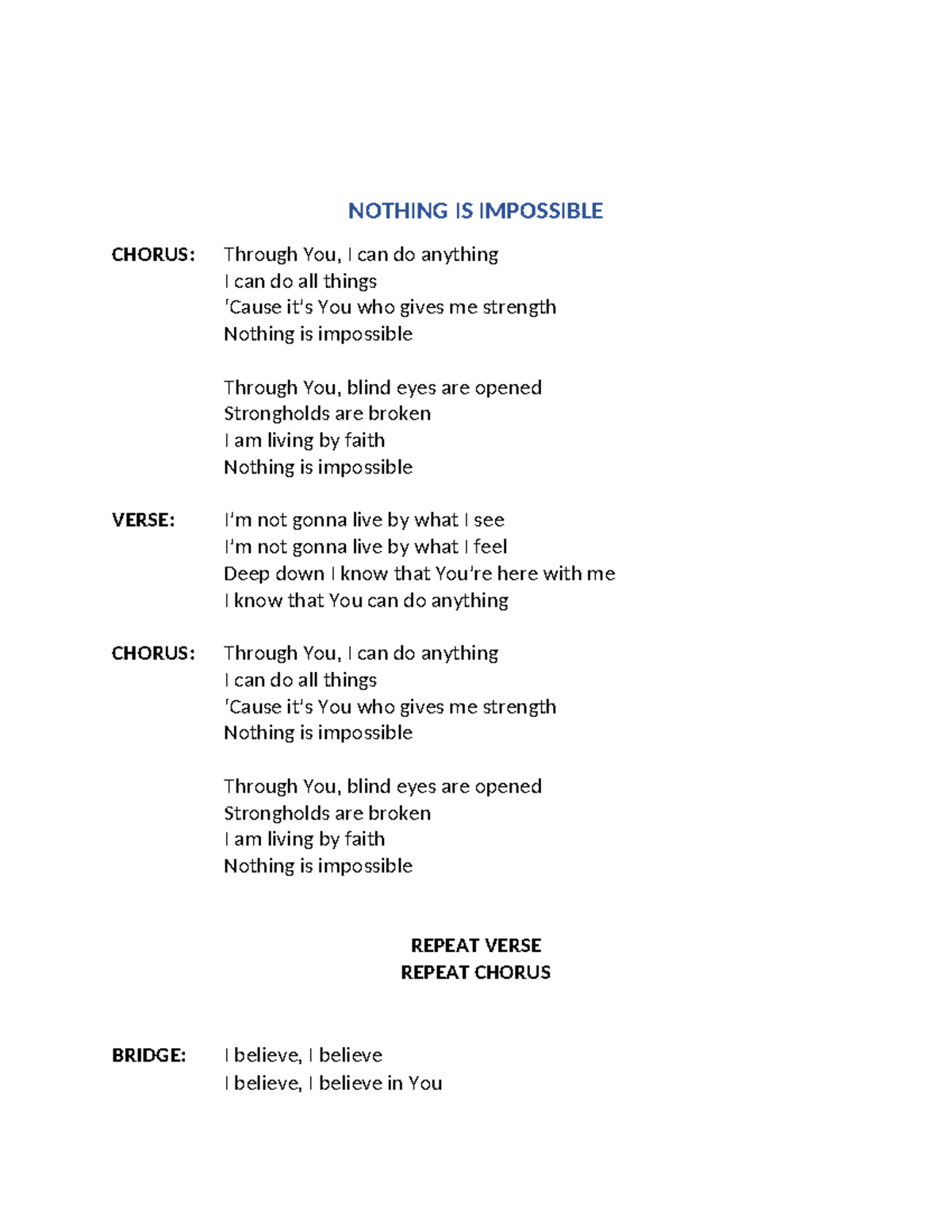 Nothing is Impossible - Song Lyrics Analysis - Studocu