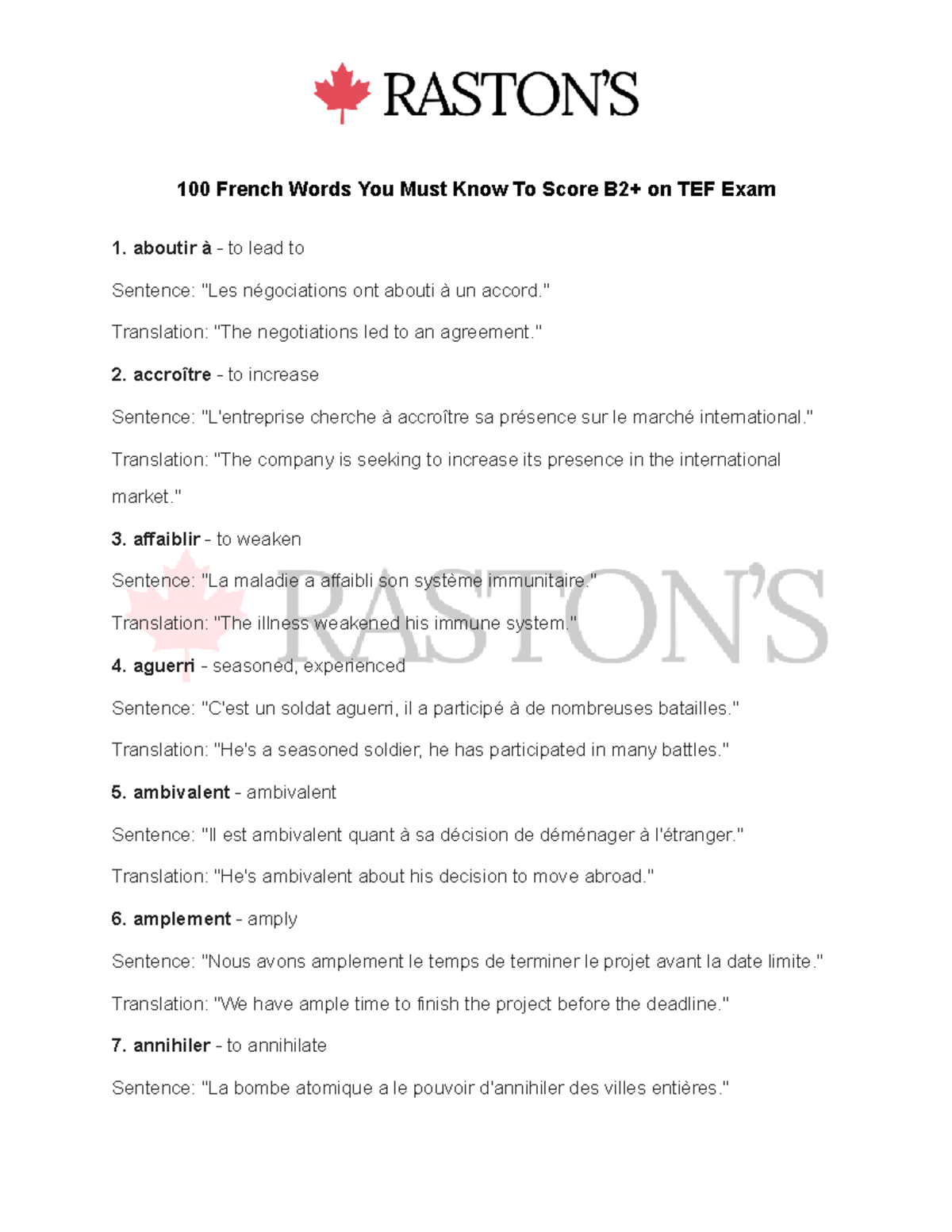 100 Essential French Words for B2+ Success on TEF Exam - Studocu