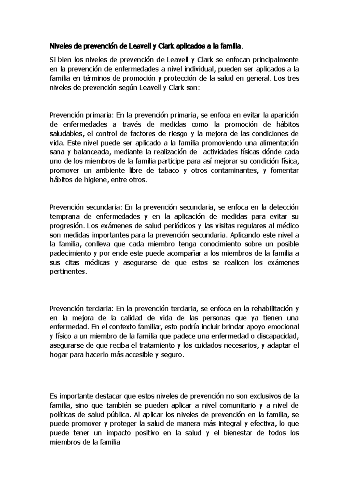Niveles de prevención de Leavell y Clark aplicados a la familia - Si ...