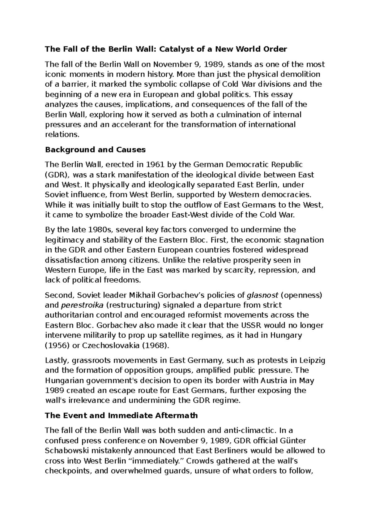 The Fall of the Berlin Wall: Causes and Global Implications Essay - Studocu