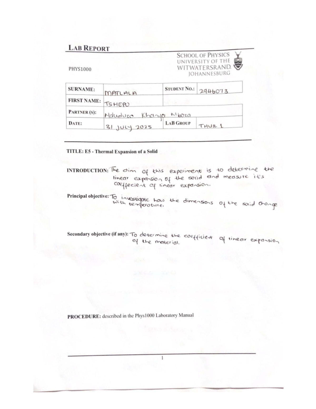 LAB REPORT: E5 Thermal Expansion of a Solid - WITS PHYSICS - Studocu