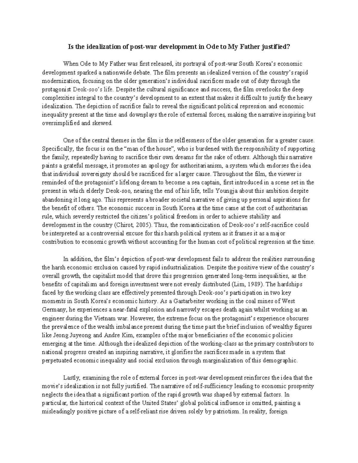 Idealization of Post-war Development in Ode to My Father: A Critical ...