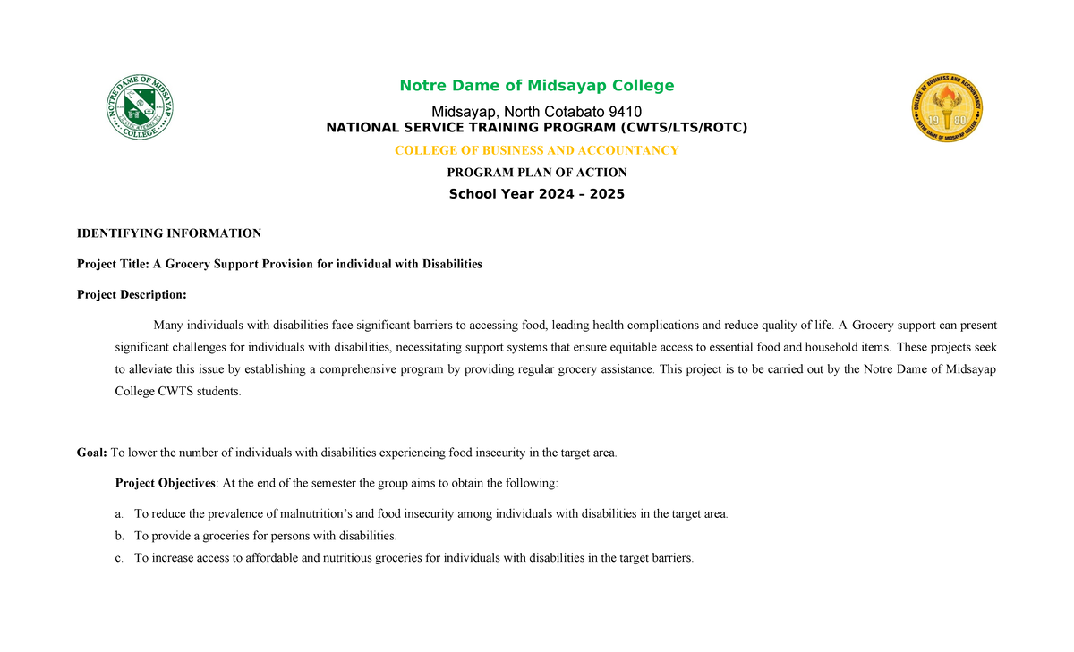 NSTP- CWTS Project Proposal: Grocery Support for Individuals with ...