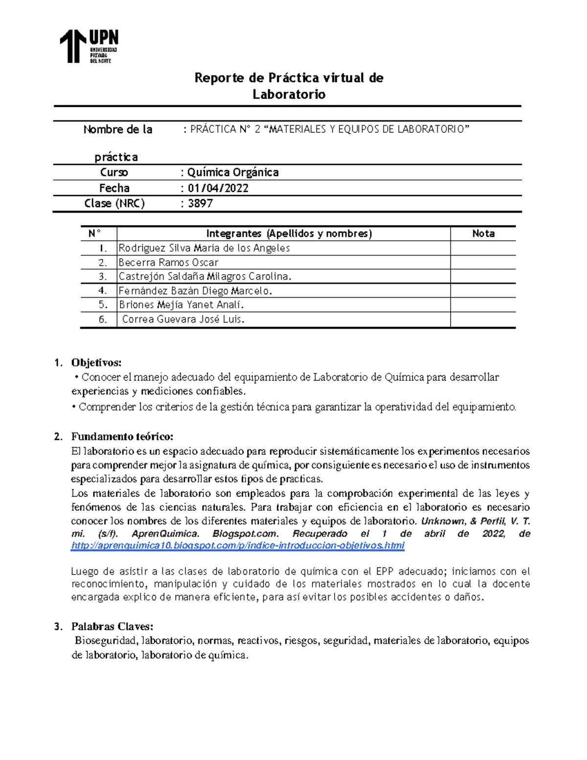 Reporte de práctica de laboratorio 1 - Reporte de pr·ctica de laboratorio Curso : QuÌmica 2 ...