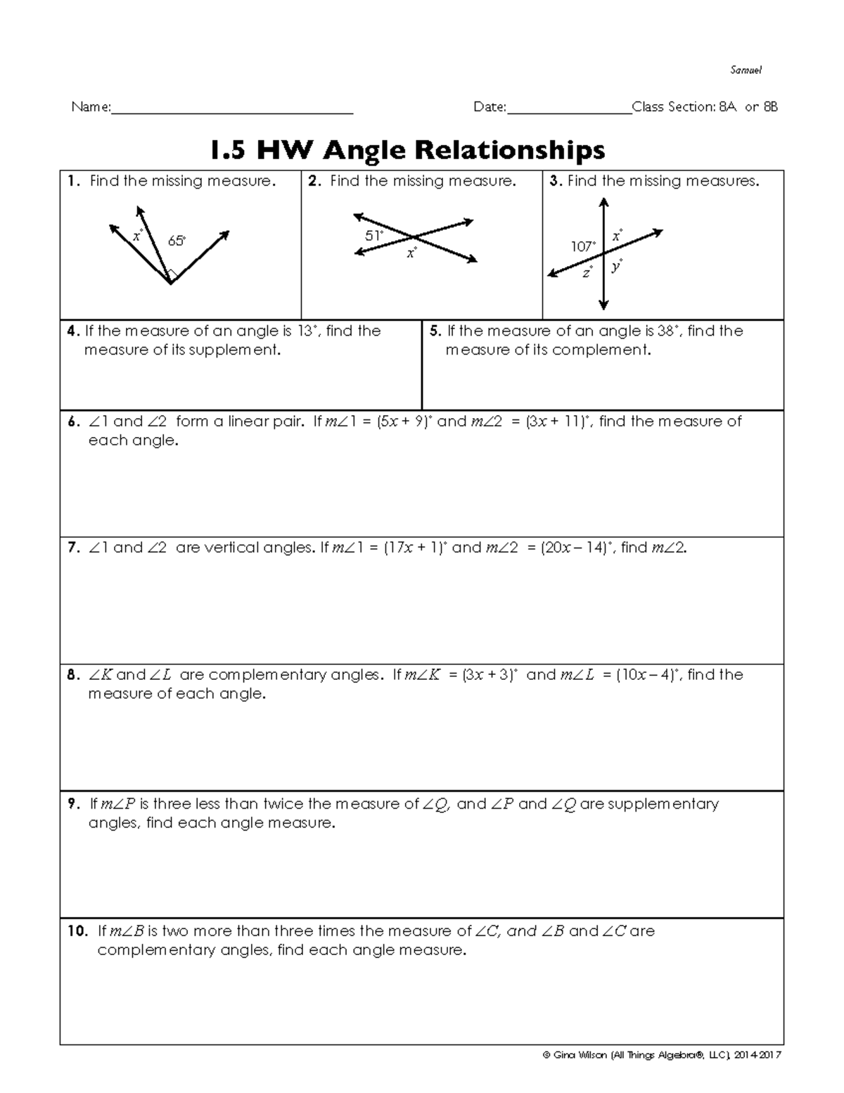 Unit 1.5 Geometry Homework: Angle Relationships & Measures - Name ...