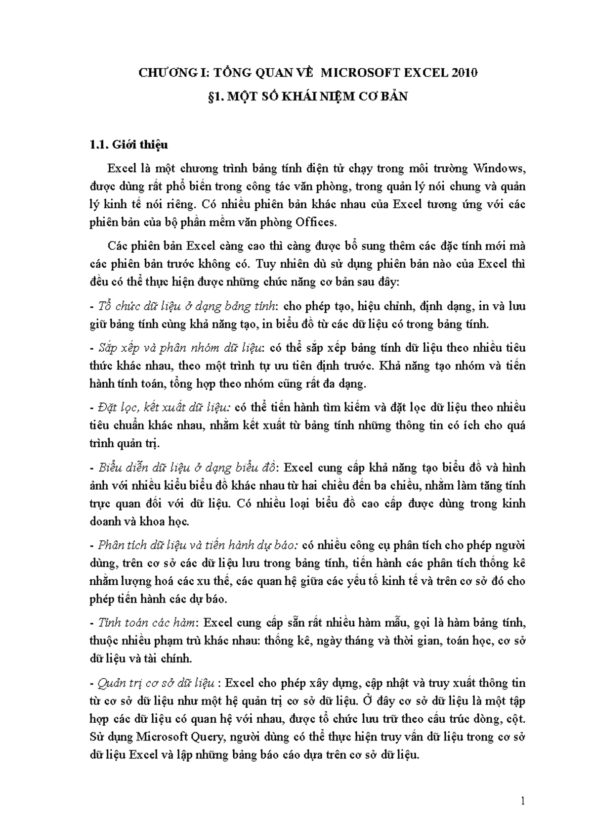 CH NG I: T NG QUAN V MICROSOFT EXCEL 2010 - HƯỚNG DẪN SỬ DỤNG CƠ BẢN ...