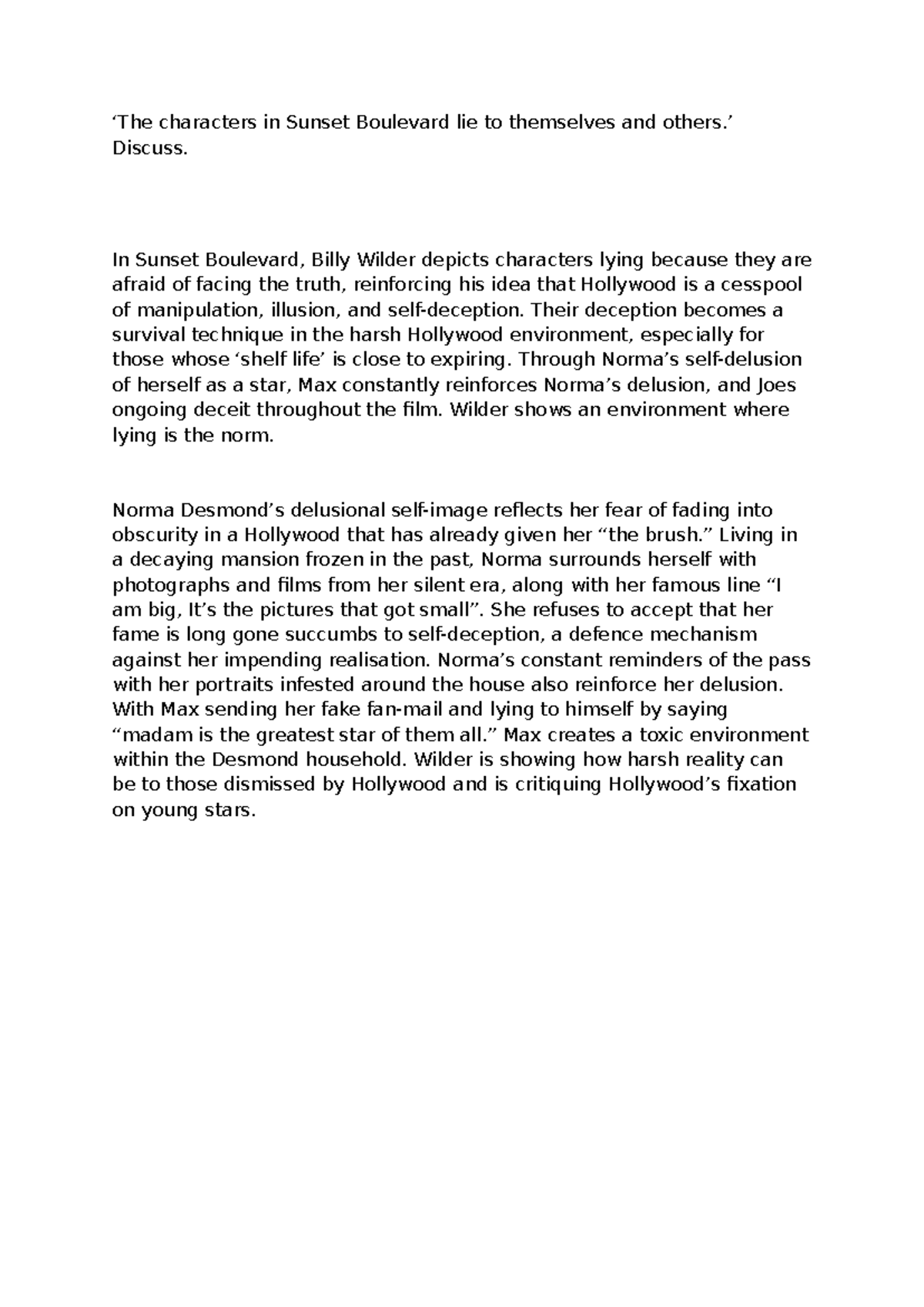 Characters and Deception in Sunset Boulevard: A Critical Analysis - Studocu