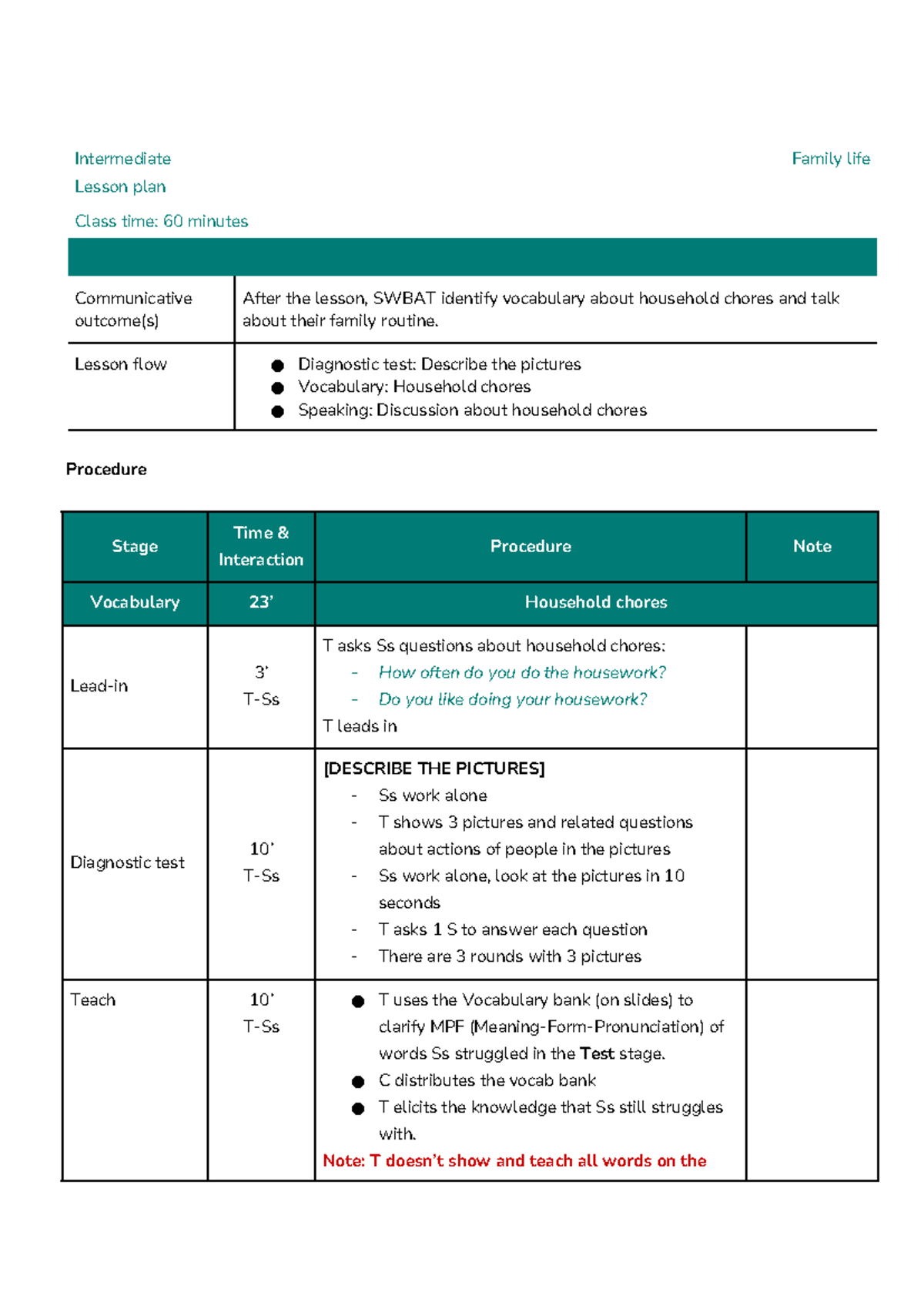 LP Family life - hay - Intermediate Lesson plan Family life Class time ...