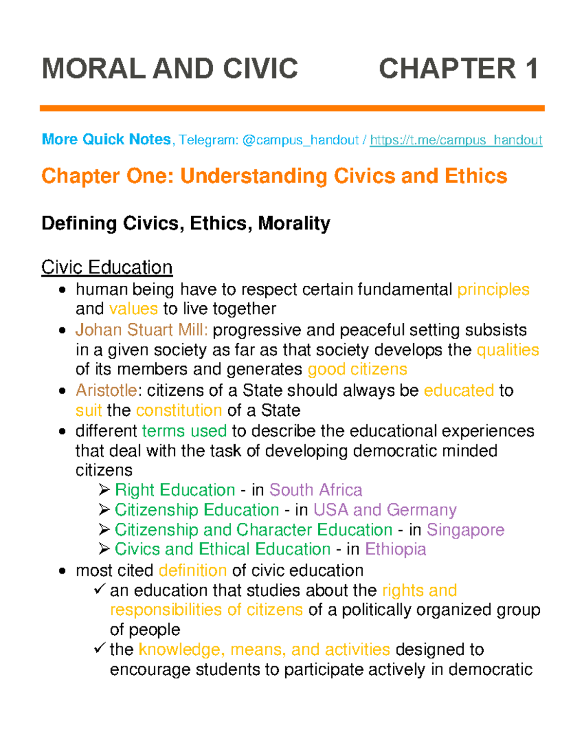 Civics Lecture Notes 5: Understanding Civics and Ethics (Chapters 1–5 ...