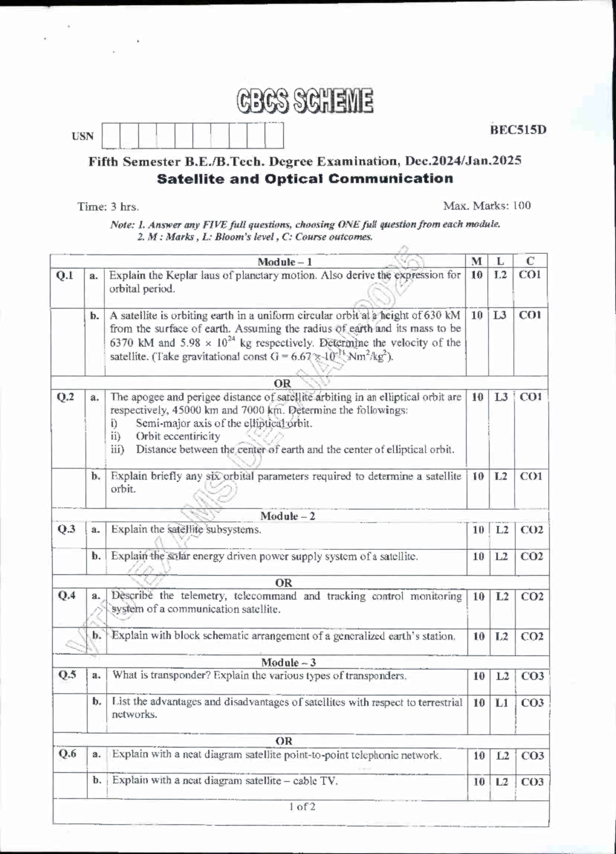 Satellite and Optical Communication Exam Questions - BEC515D - Studocu