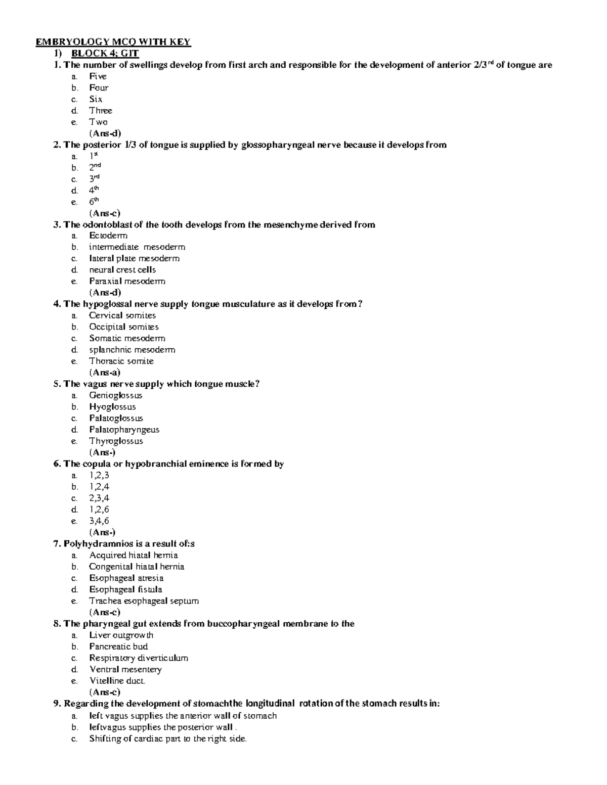 Embryology Block 4: Essential MCQs with Answers for Students - Studocu