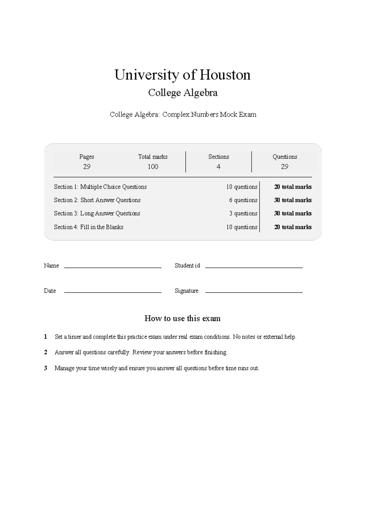 College Algebra (MATH 1314): Complex Numbers Mock Exam - Studocu