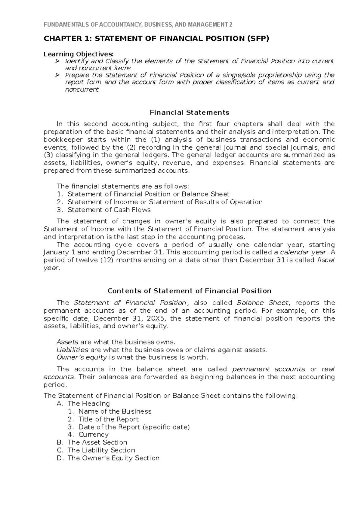 FABM2 - Chapter 1: Statement OF Financial Position (SFP) - CHAPTER 1 ...