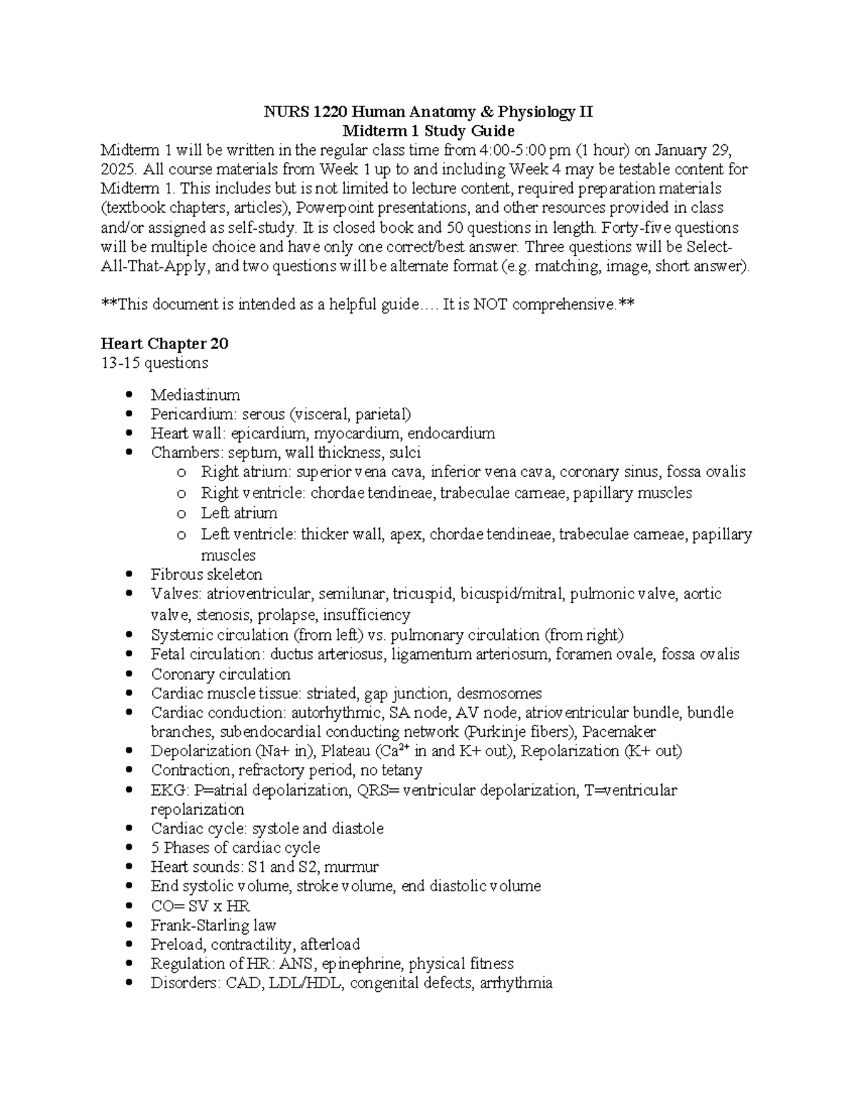 NURS 1220 Midterm 1 Study Guide: Human Anatomy & Physiology II - Studocu
