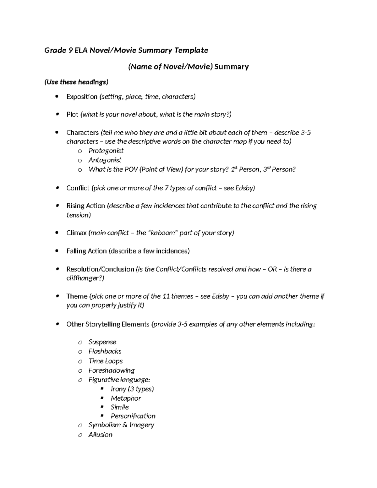 Grade 9 ELA Ind Novel Movie Summary Template - Studocu