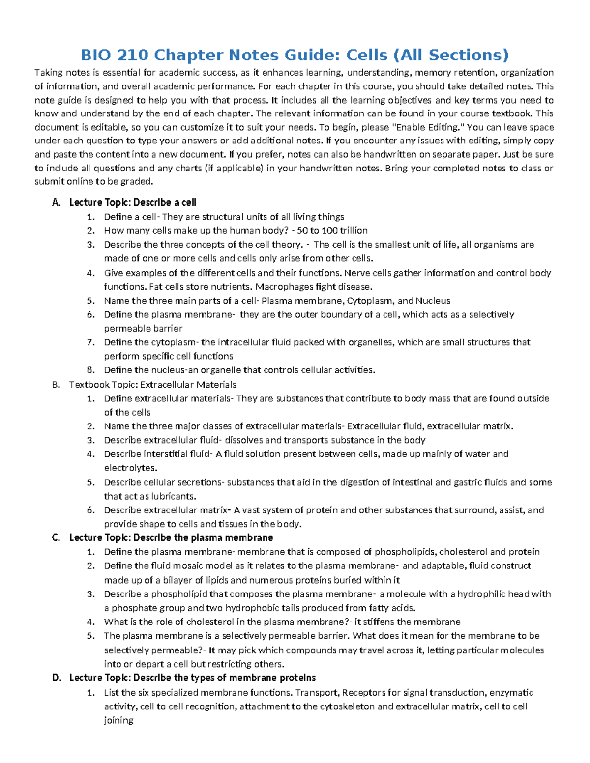 BIO 210 Lecture Notes: Cellular Structures and Functions Overview - BIO ...