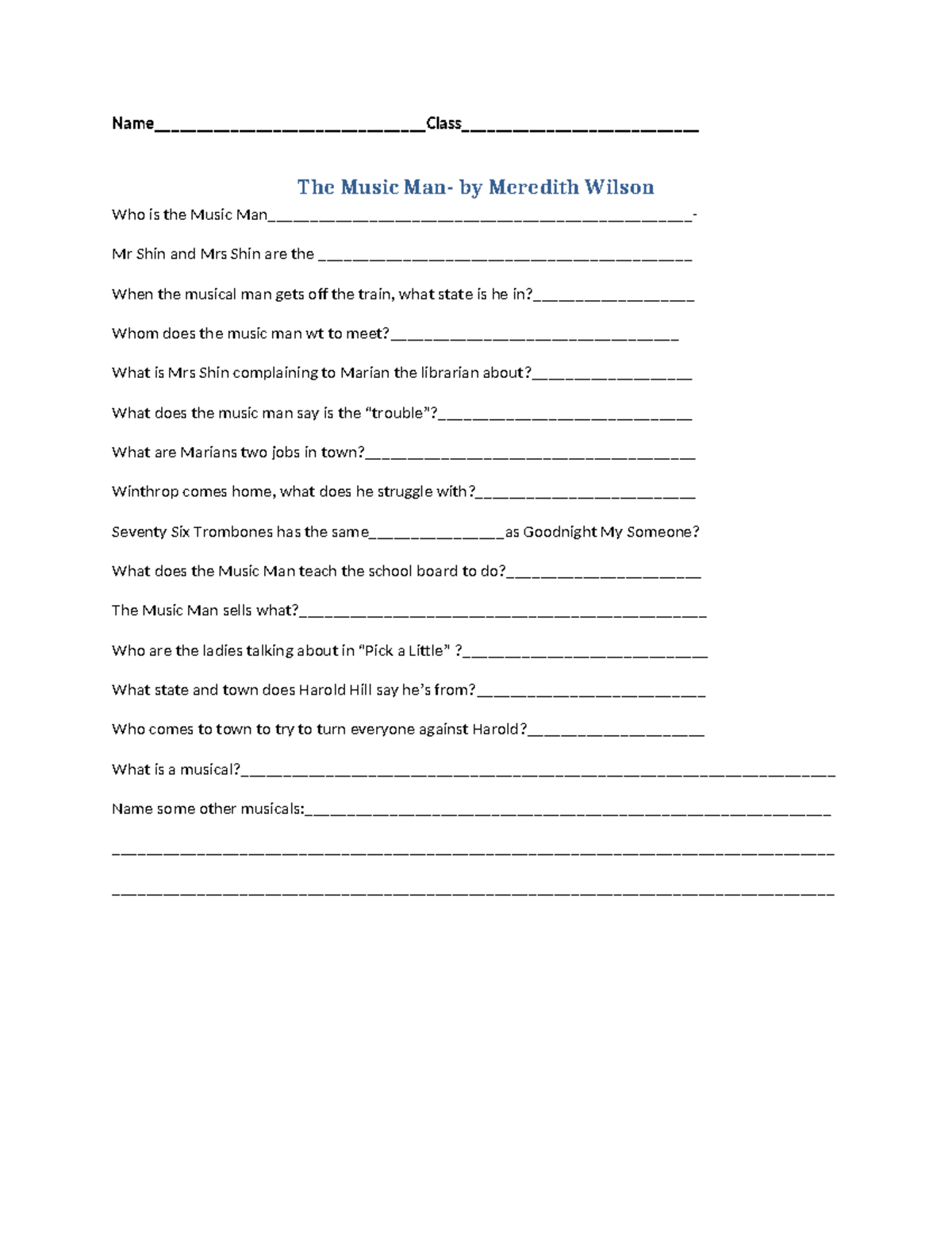 The Music Man Worksheet-1: Questions & Insights on the Musical - Studocu