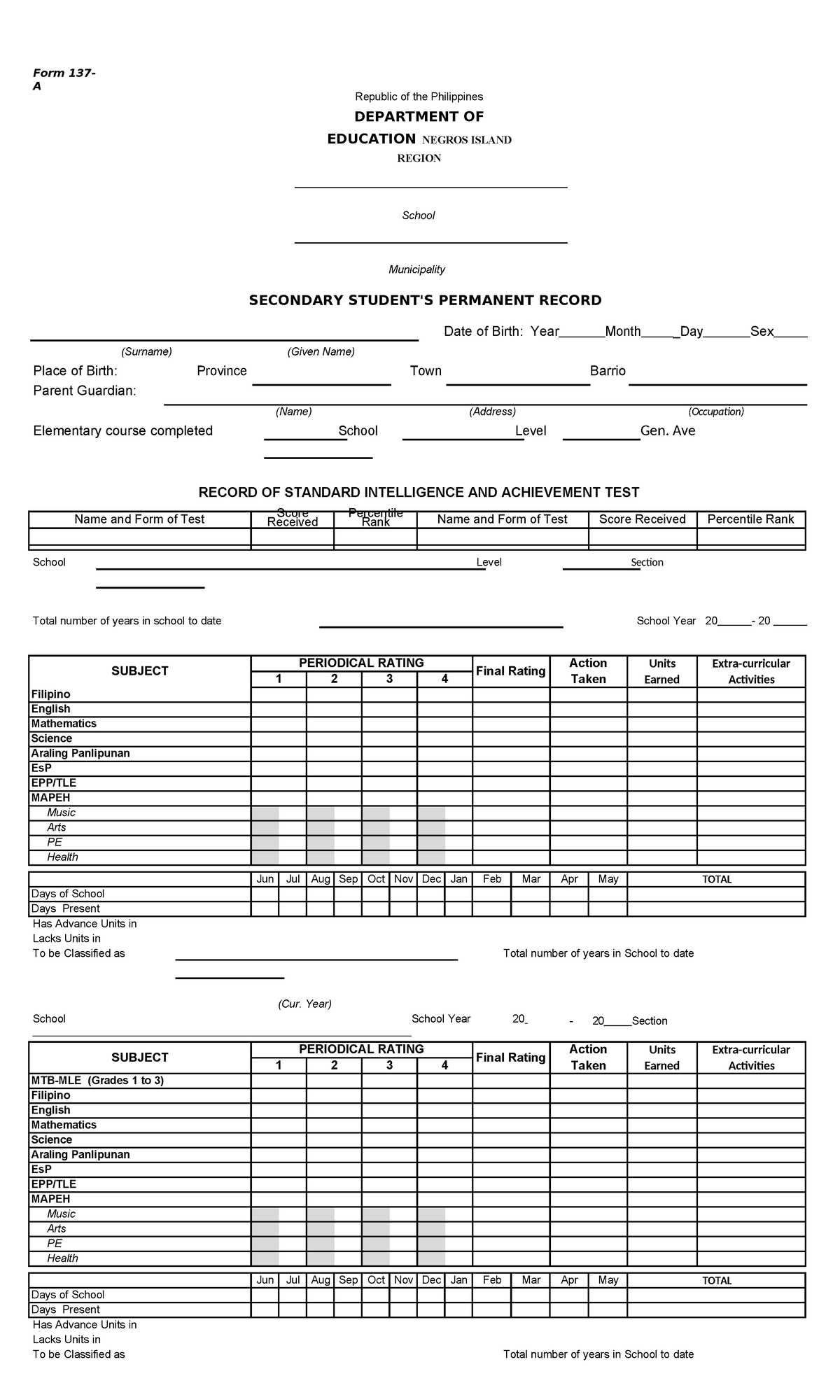 Form 137-A: Permanent School Record of Achievements and Ratings - Studocu