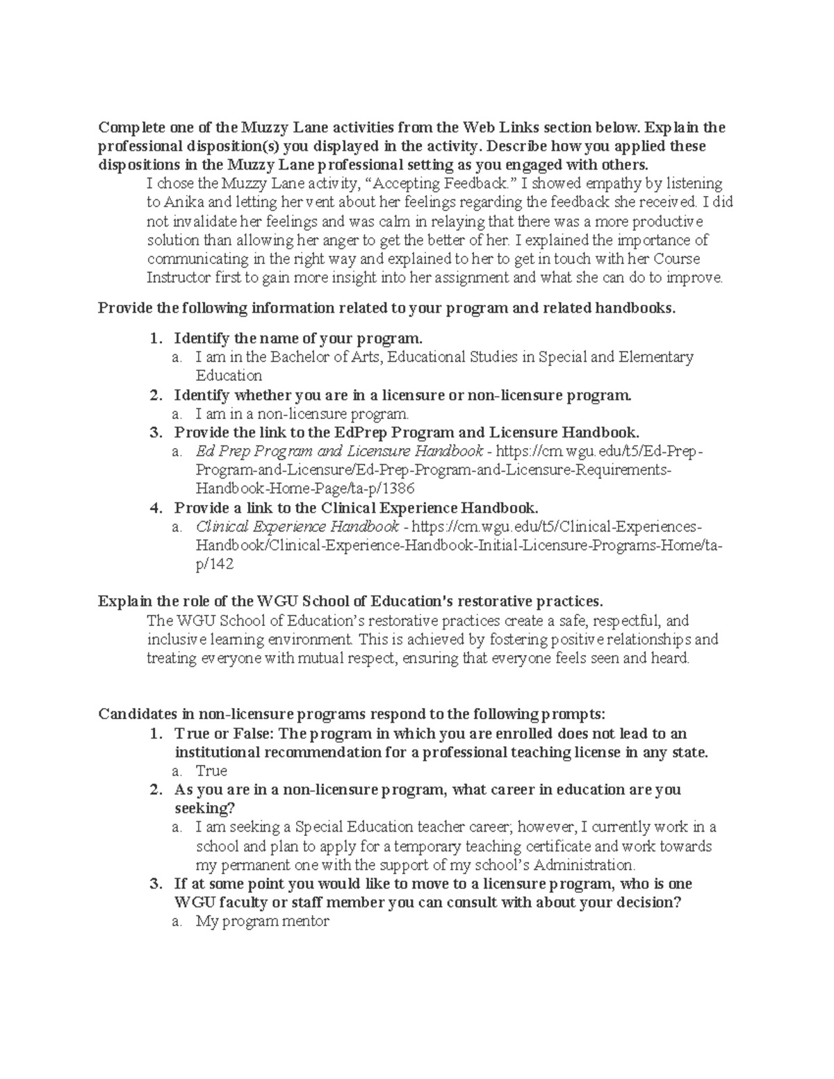 D663 - Task 2: Professional Dispositions in Muzzy Lane Activity - Studocu