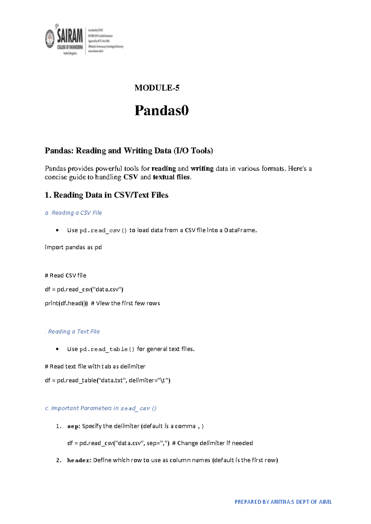 Module 5 Pandas - swd - MODULE- 5 Pandas 0 Pandas: Reading and Writing Data (I/O Tools) Pandas ...