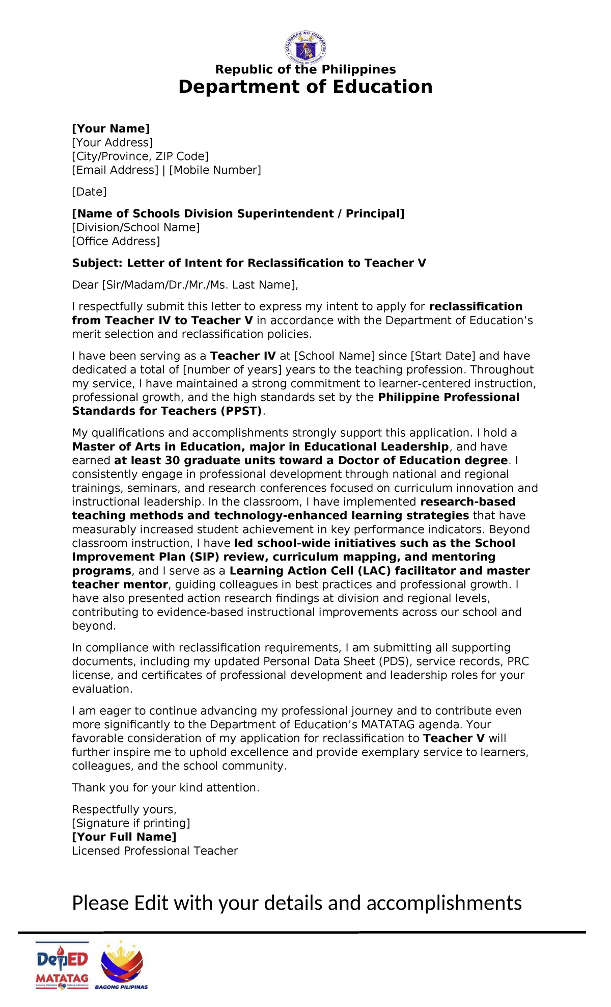 Intent Letter for Reclassification to Teacher V - MATATAG Agenda - Studocu