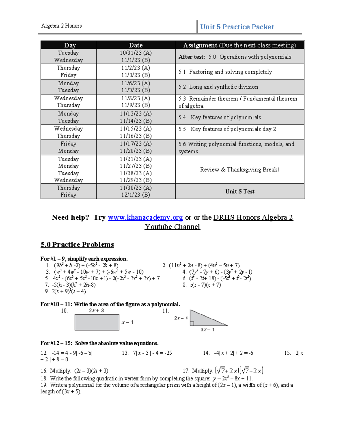 Chapter 5 Polynomial Operations & Practice Problems (Course Code) - Studocu
