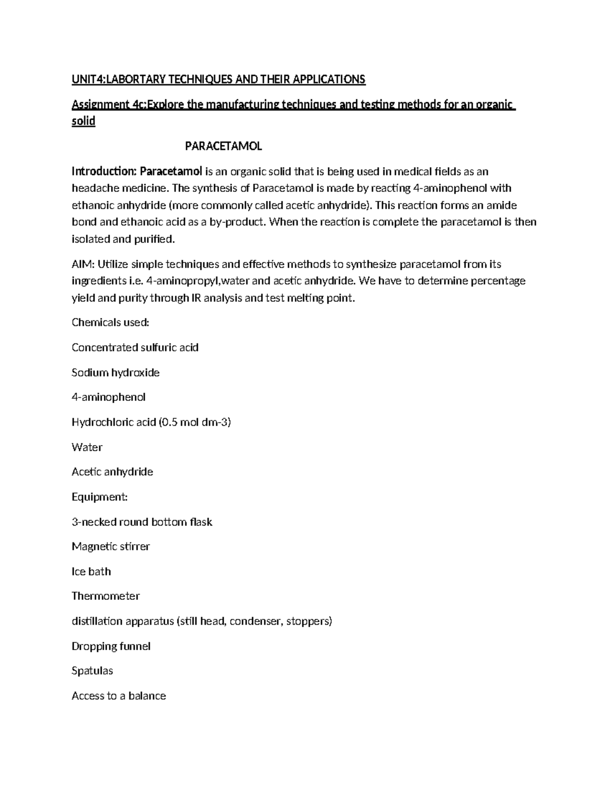 UNIT4: LAB TECHNIQUES & APPLICATIONS - Paracetamol Synthesis & Testing ...