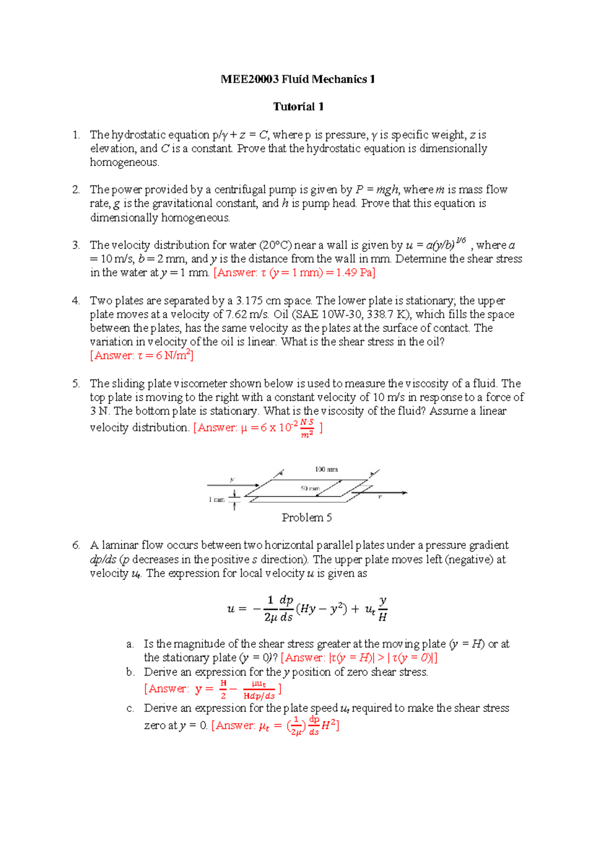 MEE20003 Fluid Mechanics 1 - Tutorial 1 Problems and Solutions - Studocu