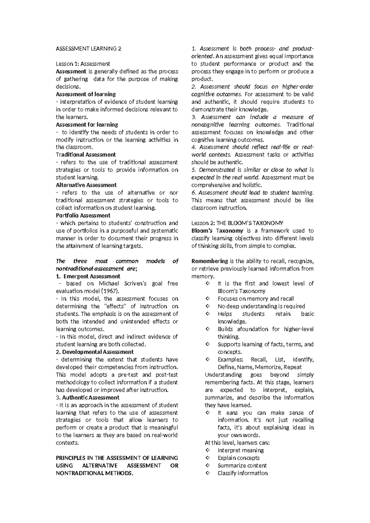 Assessment Learning 2: Comprehensive Review of Assessment Methods - Studocu