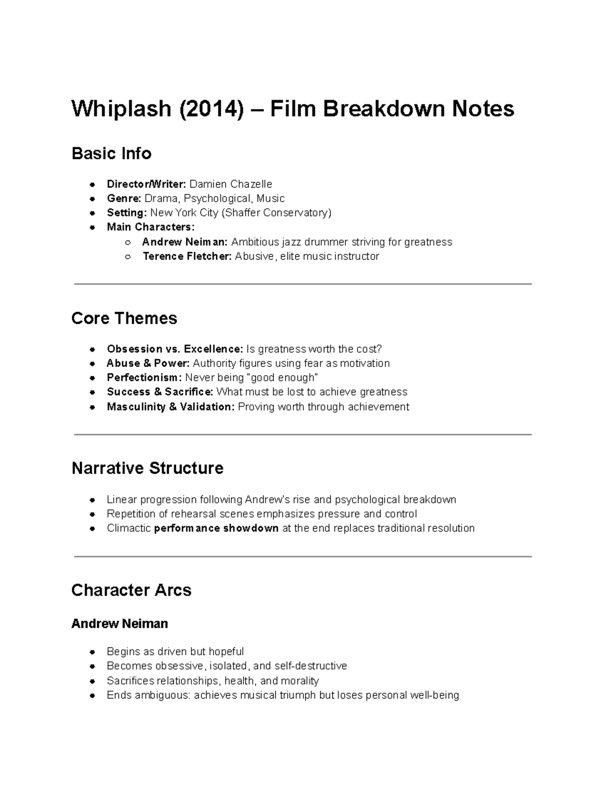Whiplash (2014) Film Analysis: Themes, Characters & Techniques - Studocu