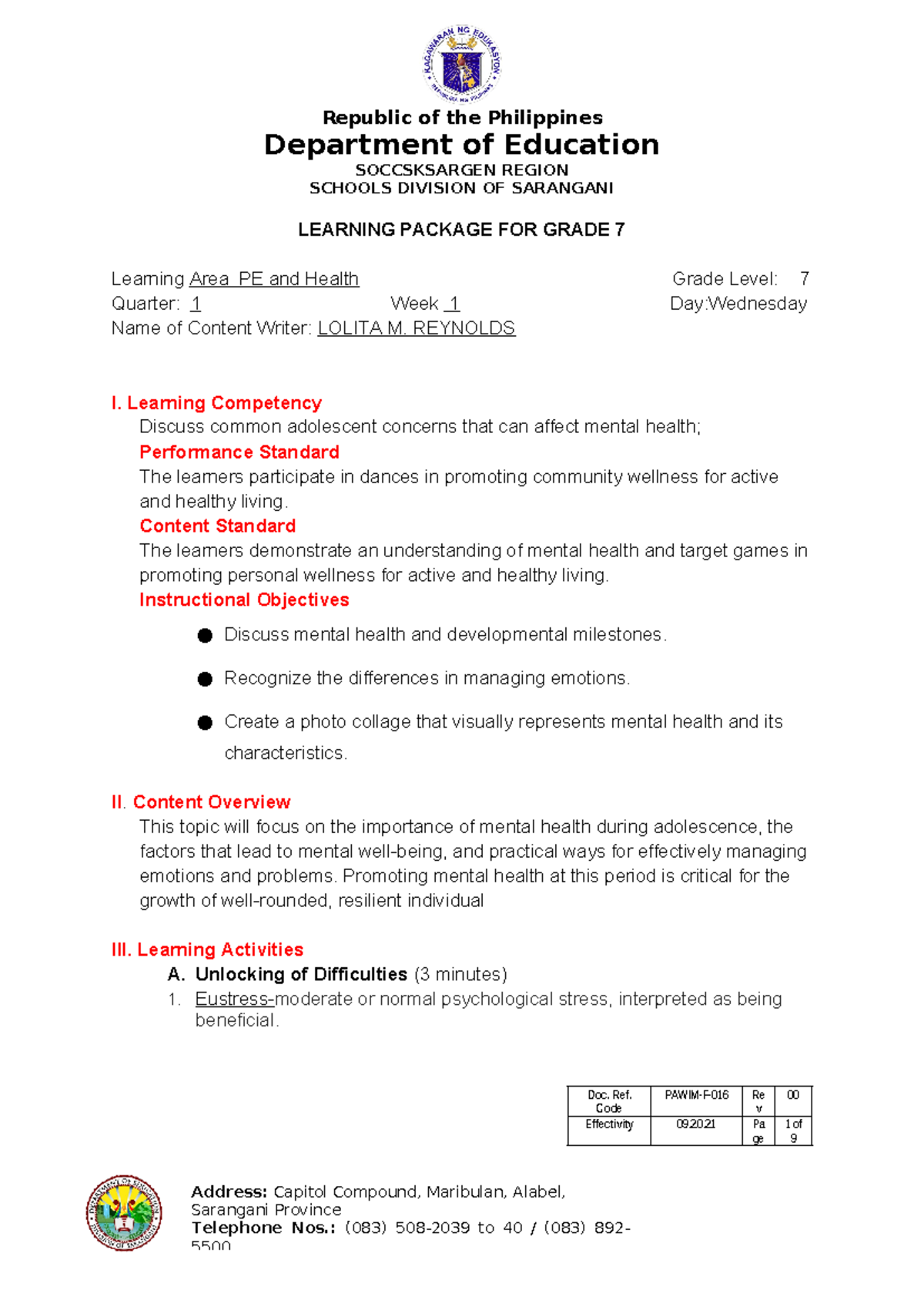 PE&Health 7 Q1W1: Mental Health & Emotional Wellness Lesson Plan - Studocu