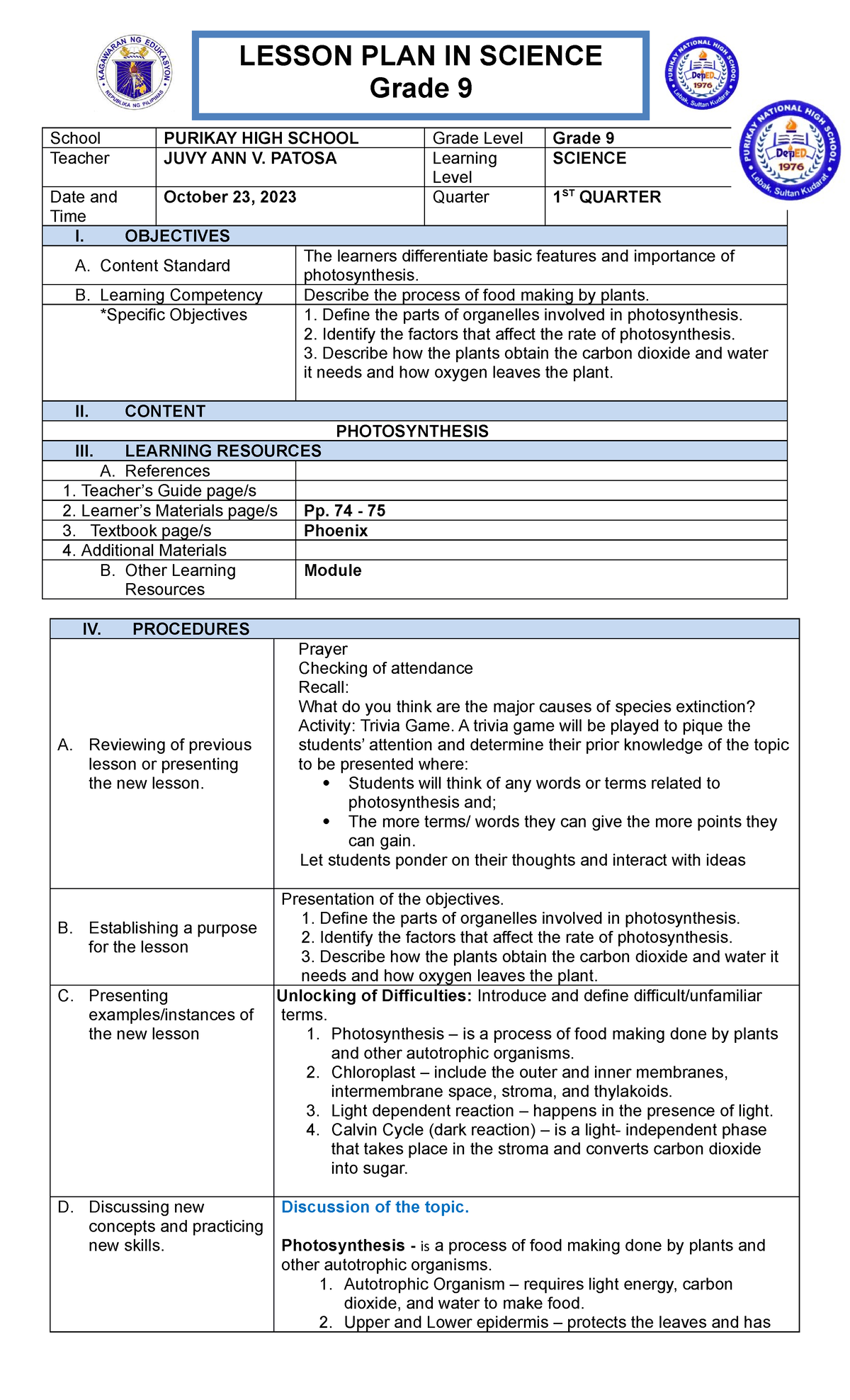 Grade 9 Science Lesson Plan: Understanding Photosynthesis - Studocu