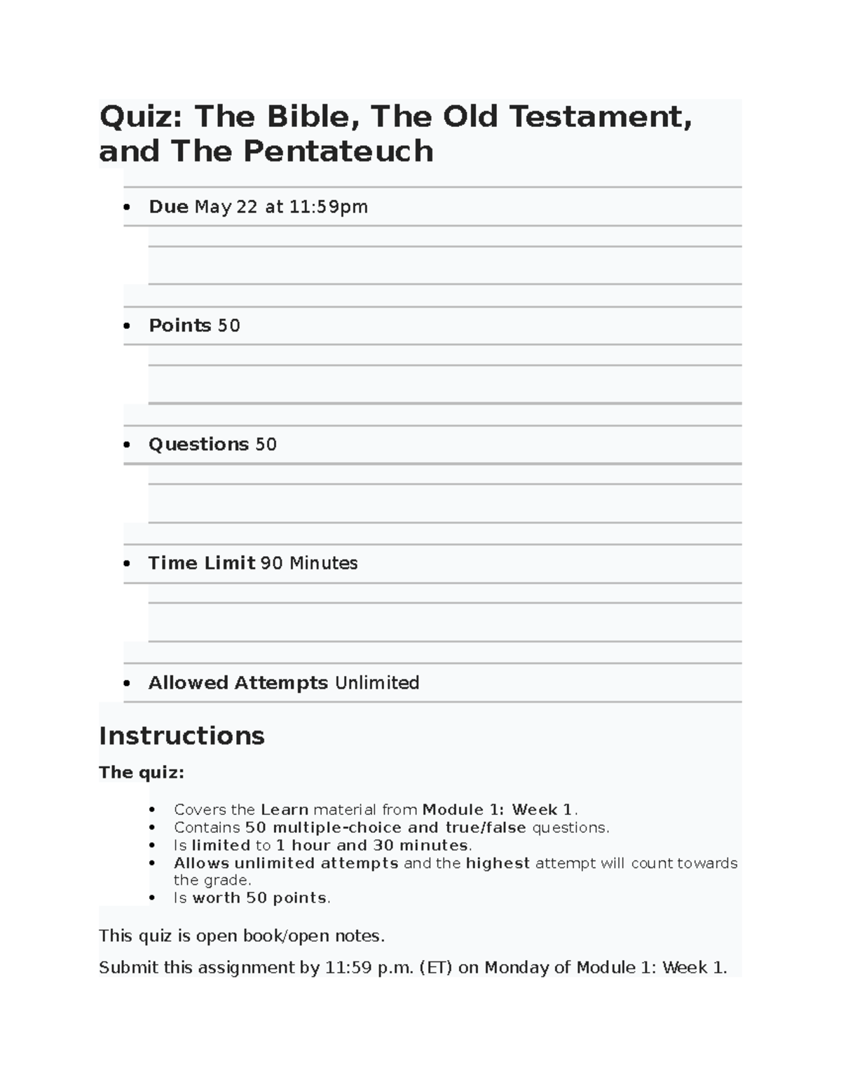 Quiz - The Bible, Old Testament & Pentateuch - Attempt 2 Review - Studocu