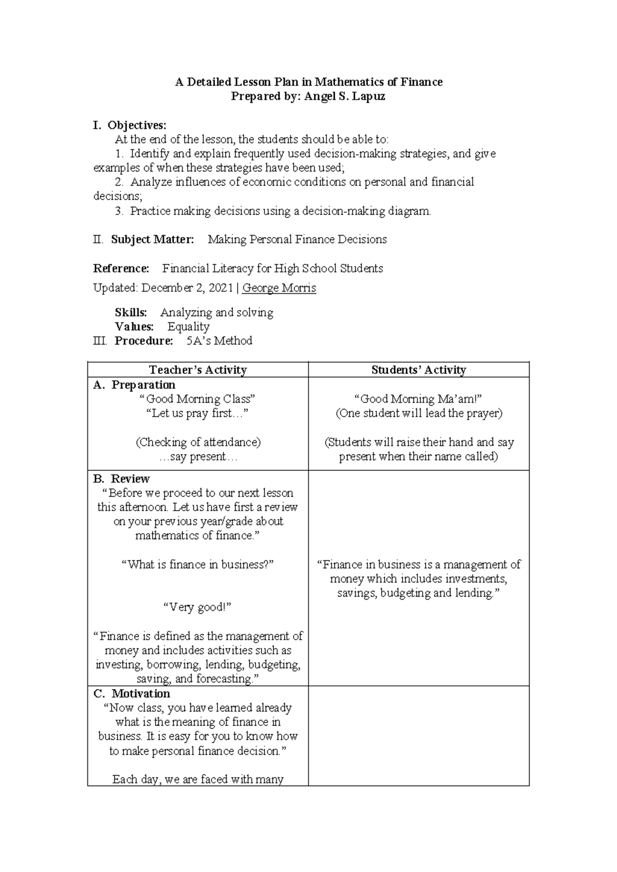 A Comprehensive Lesson Plan on Math of Finance (MATH-OF-FINANCE) - Studocu