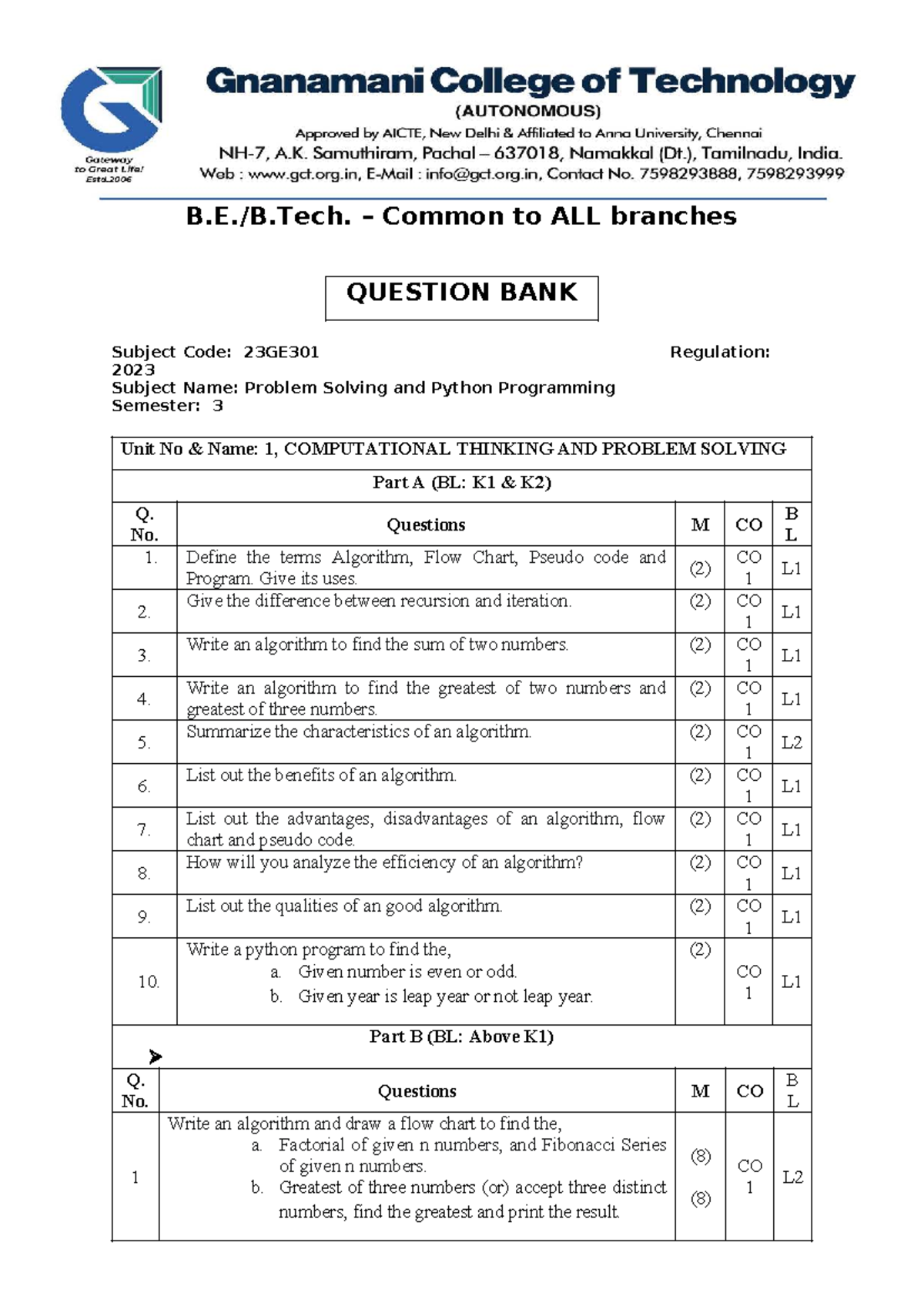 23GE301 - Problem Solving and Python Programming Question Bank - Studocu