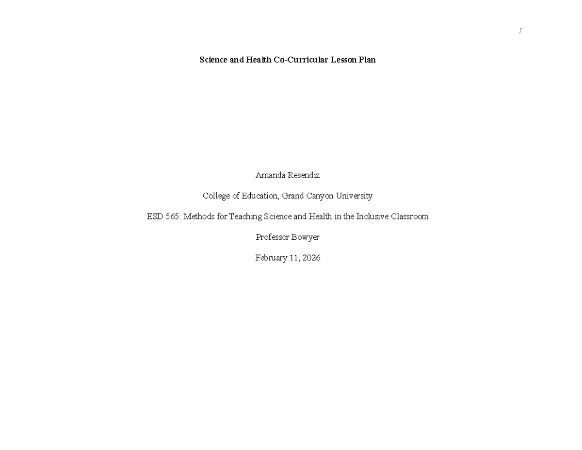 ESD 565: Healthy Choices Science & Health Lesson Plan - Studocu