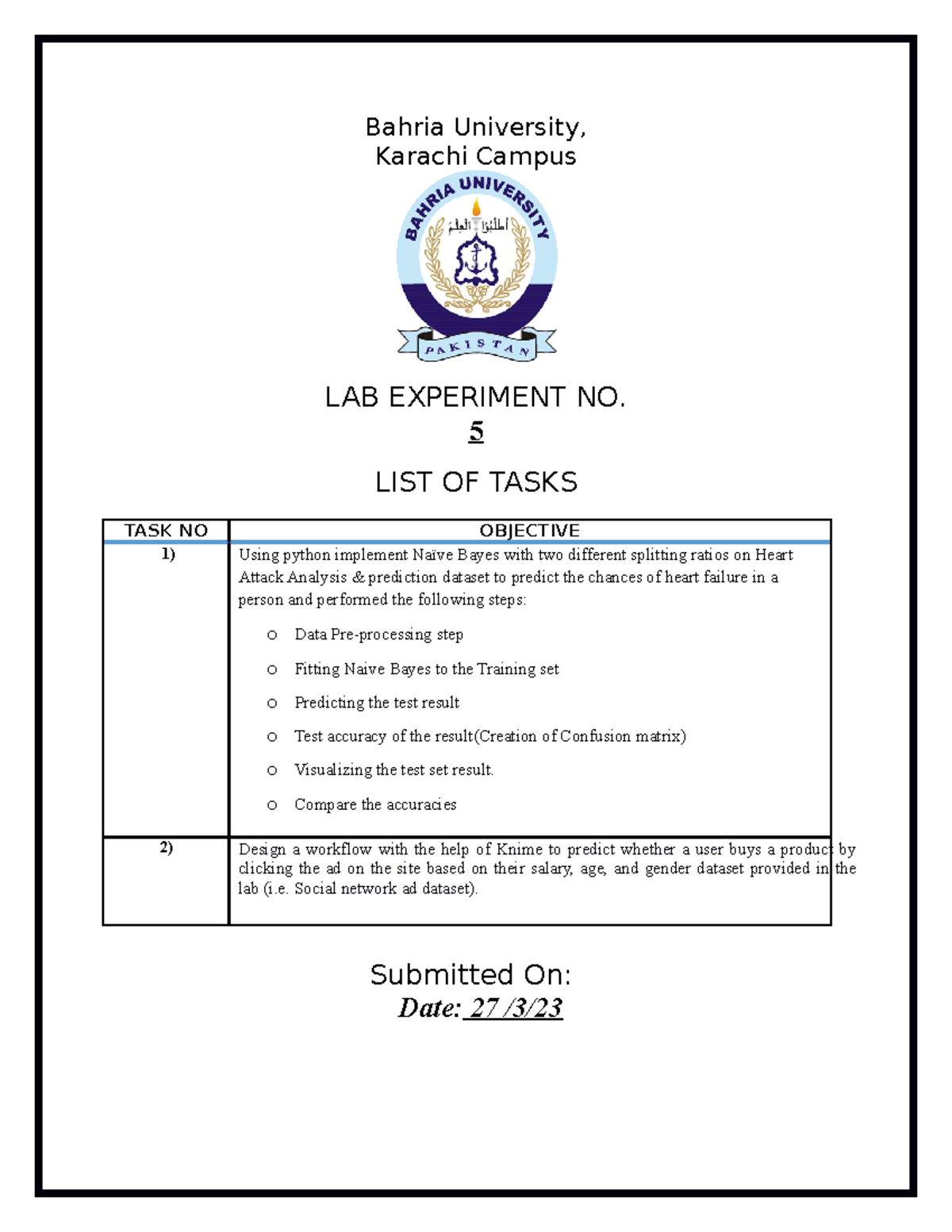 Task List Lab Tasks Bahria University Karachi Campus Lab Experiment No 5 List Of Tasks