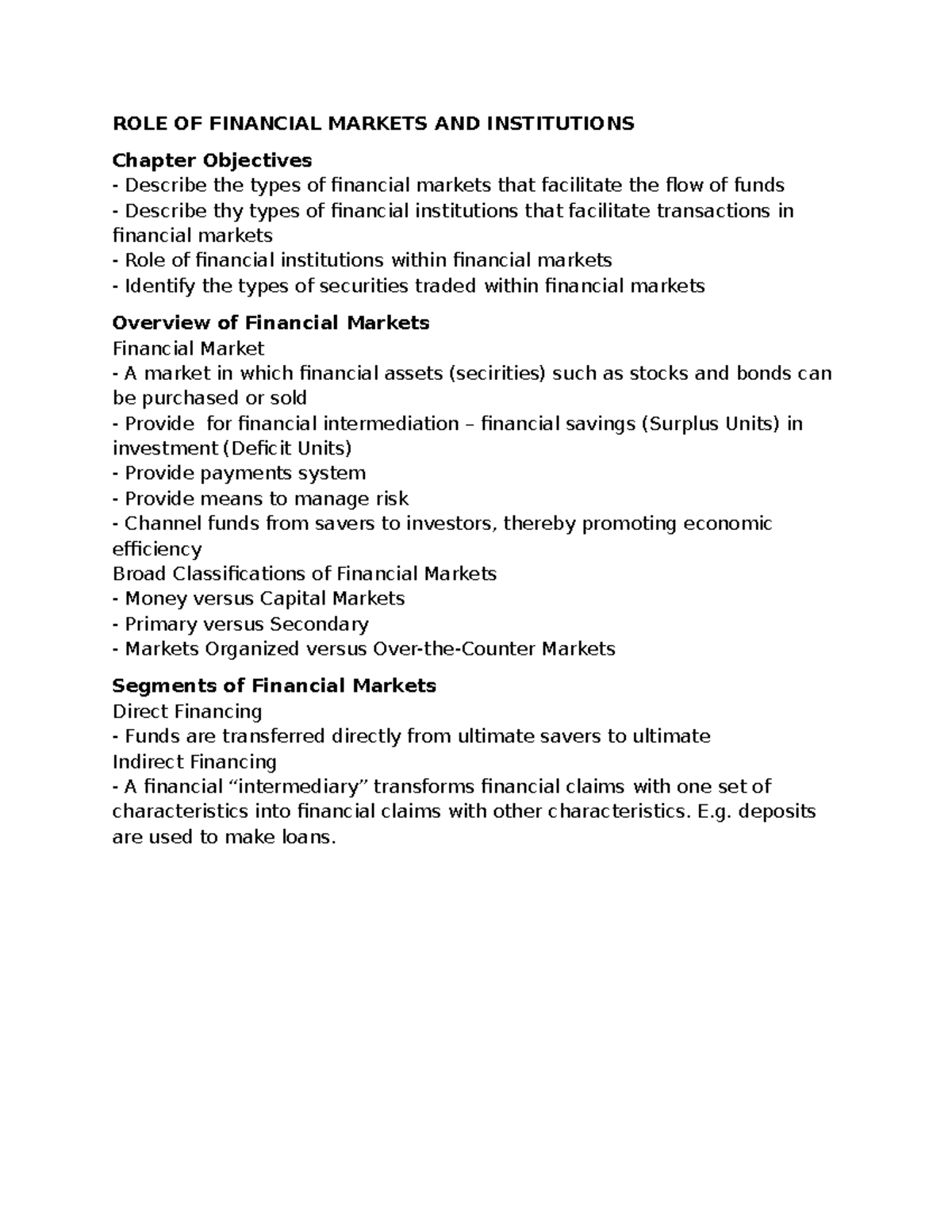 ROLE OF FINANCIAL MARKETS AND INSTITUTIONS: Chapter Overview - Studocu