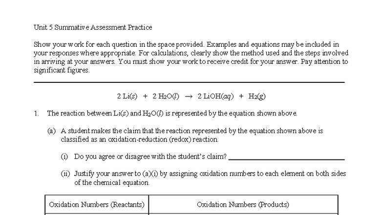 Unit 5 Summative Assessment Practice: Chemical Reactions & Kinetics ...