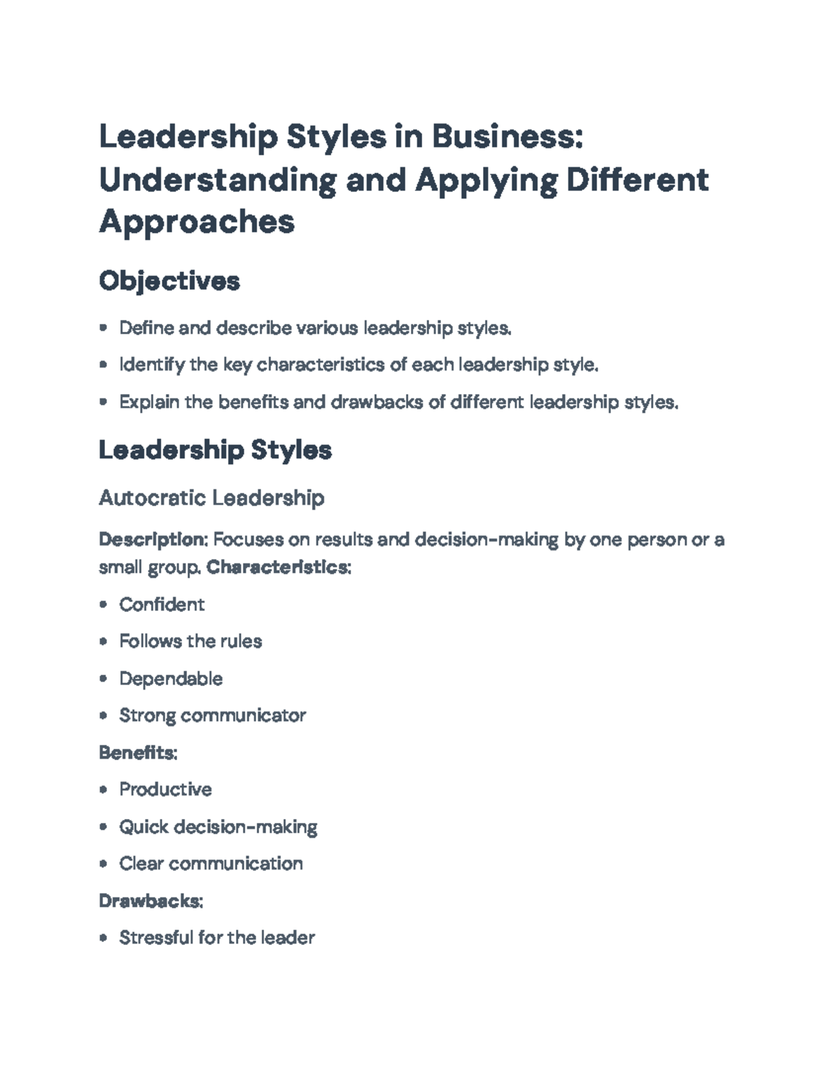 Leadership Styles in Business (BUS 101): Applications and Impacts ...