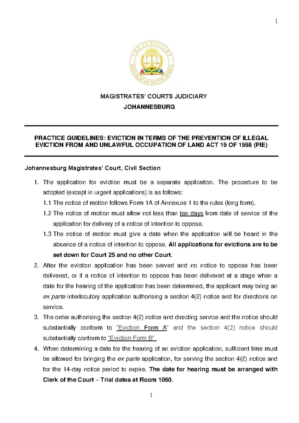 Practice Guidelines for Eviction under PIE Act 19 of 1998 ...