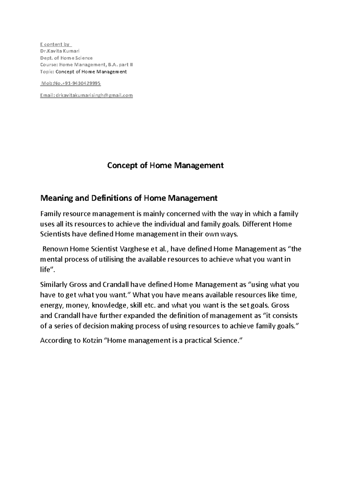 Concept of Home management - Dr Kumari Dept. of Home Science Course ...