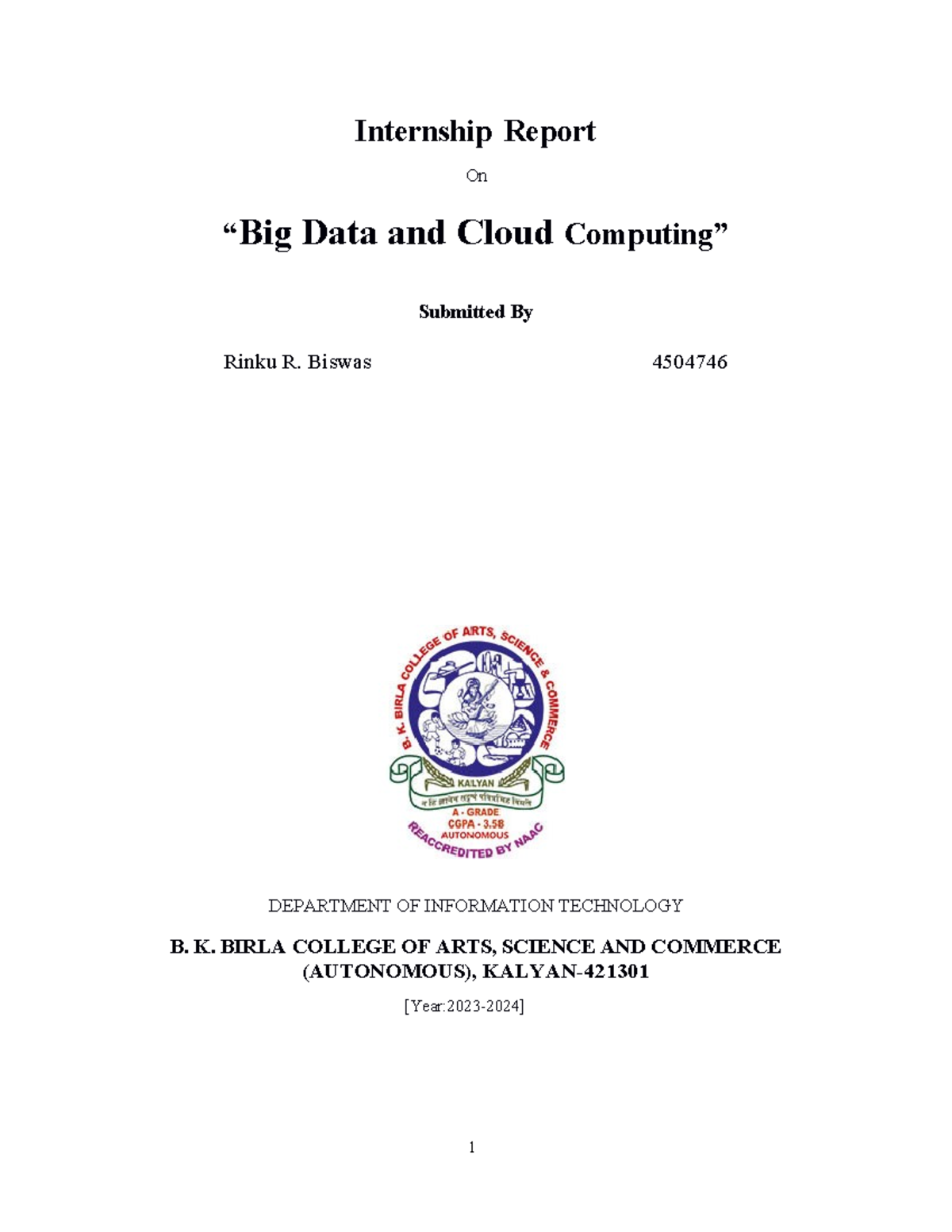Internship Report on Big Data & Cloud Computing (IT 4504746) - Studocu