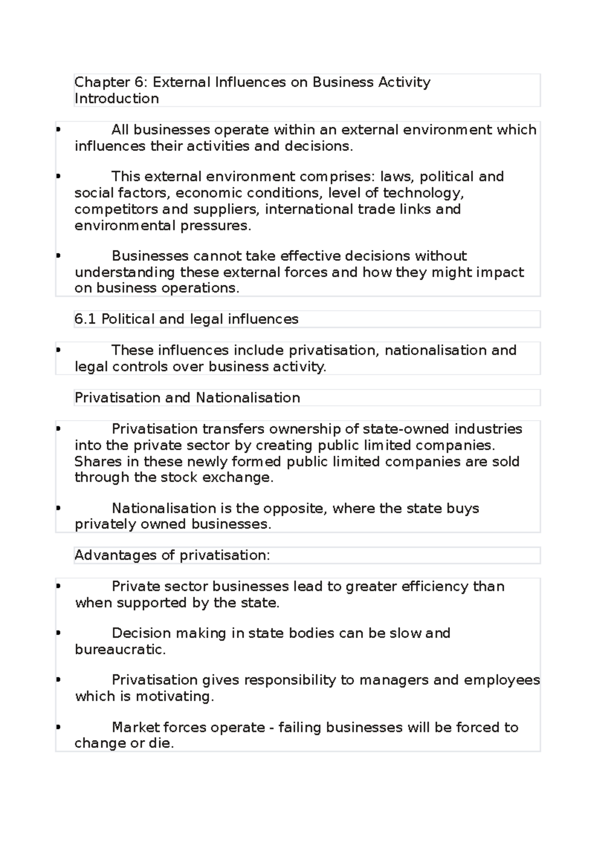 BS Notes: Chapter 6 - External Influences on Business Activity - Studocu